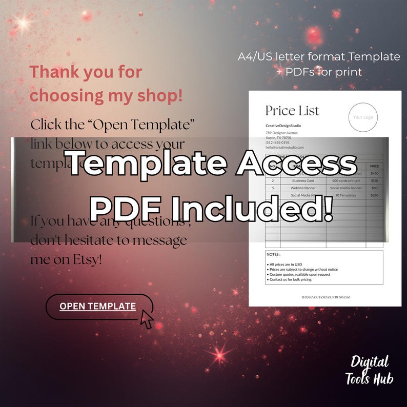 Price List Template | Editable Pricing Sheet | Fillable A4 US Letter ...