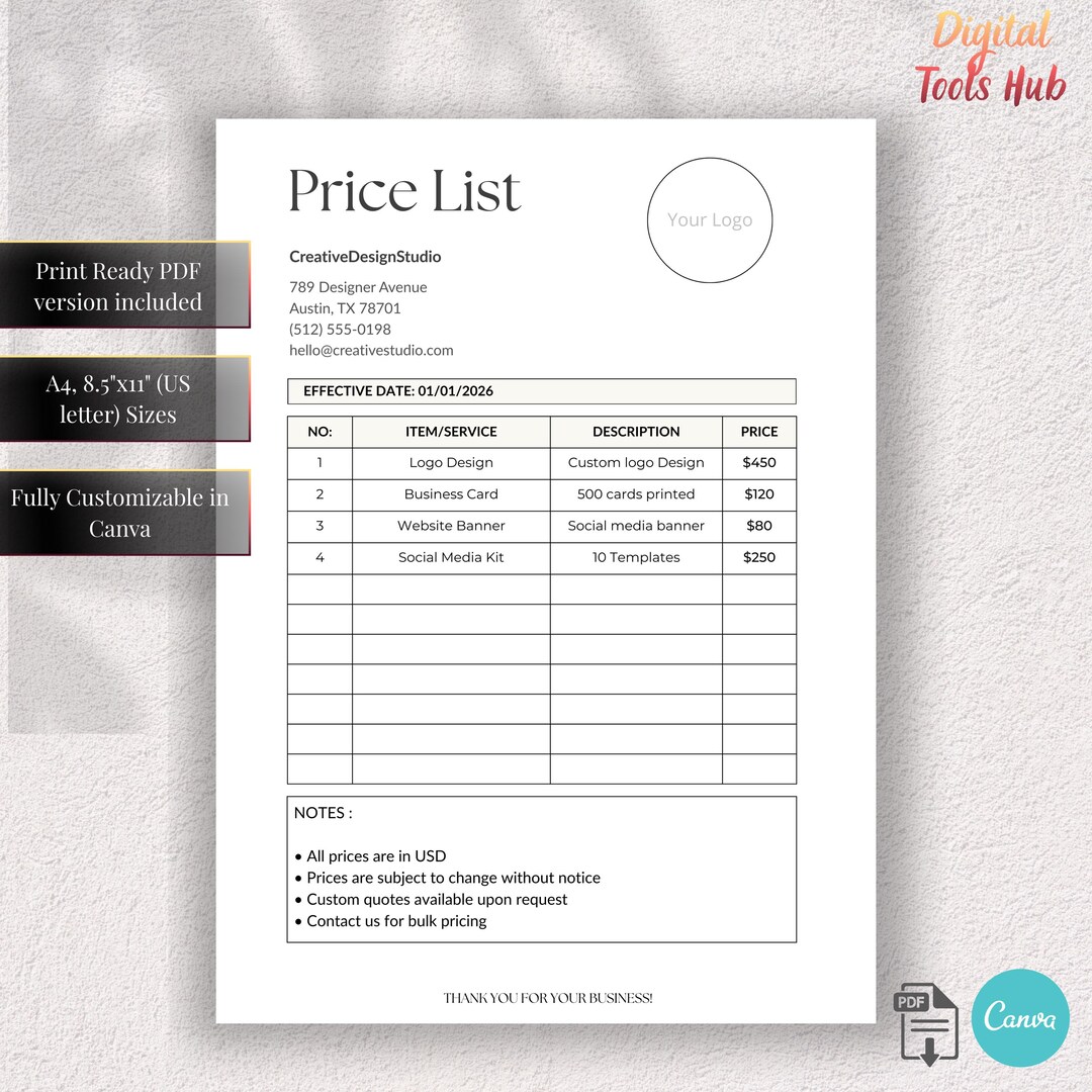 Price List Template | Editable Pricing Sheet | Fillable A4 US Letter ...