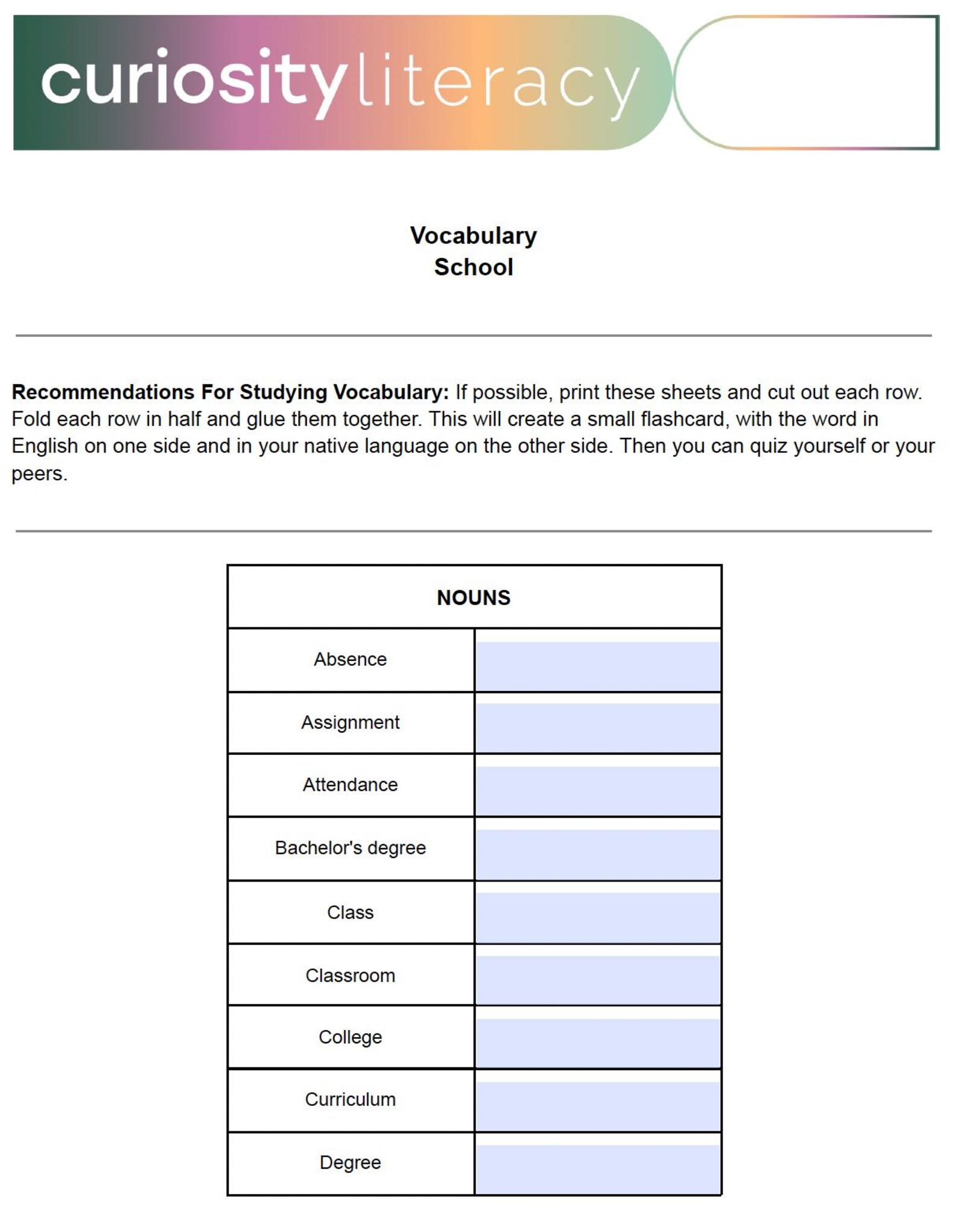 School Vocabulary - Vocabulary List & Exercises - Module 1, Unit 1 - Etsy