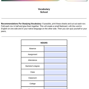School Vocabulary - Vocabulary List & Exercises - Module 1, Unit 1 - Etsy