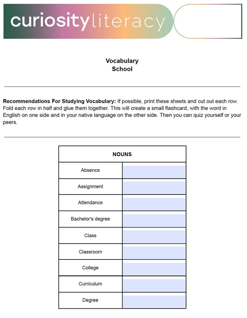 School Vocabulary - Vocabulary List & Exercises - Module 1, Unit 1 - Etsy