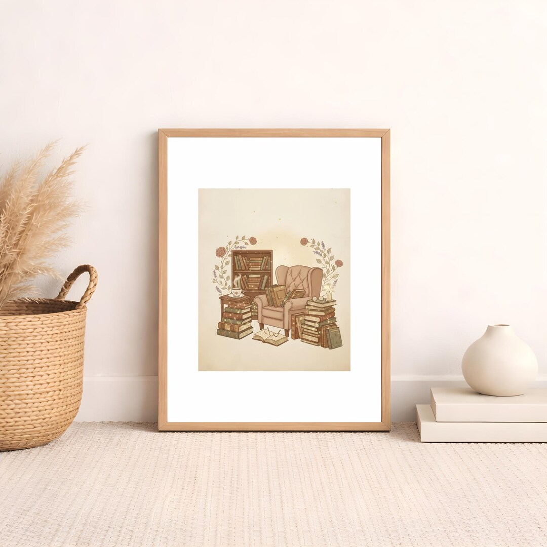 Cozy Library Wall Art Printable, Reading Chair Book Illustration ...