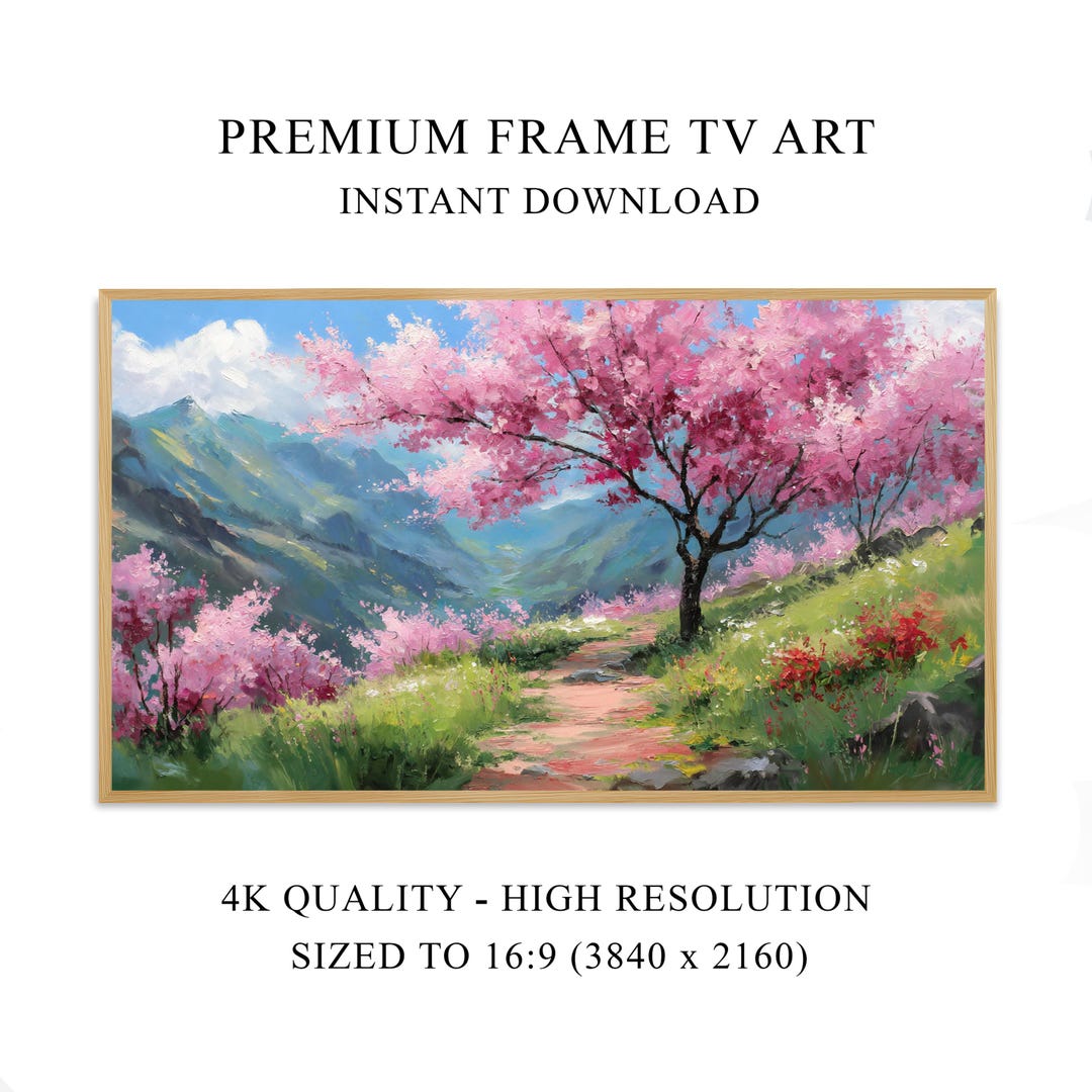 Cherry Blossom Landscape Frame TV Art | Spring Mountain Path Wall Art ...
