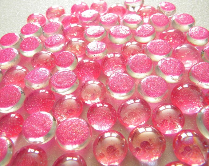 25 MINI Glass Gems Hot PINK Glitter Hand Painted Tiny Gems Half Marbles ...
