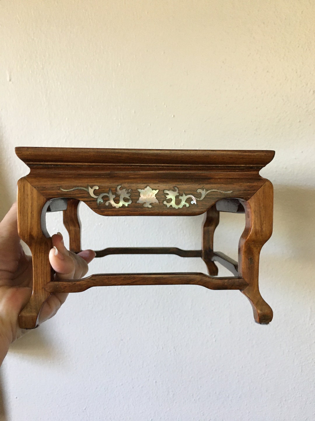 Vintage 80s Plant Statue Wood Stand Mother of Pearl Inlay Burlwood ...
