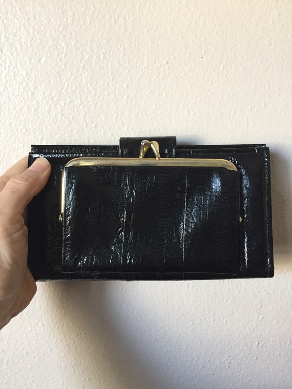 vintage 1980s Coin Wallet Eel Skin Leather Black Coin… - Gem