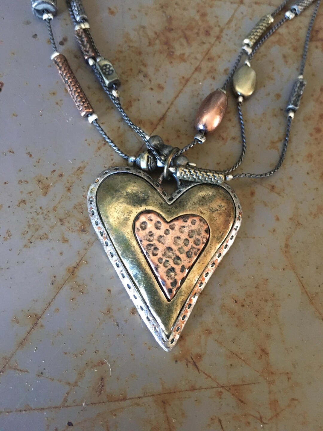 Vintage 1990s/2000s Necklace Hand Made Heart Choker Silver Copper Brass ...