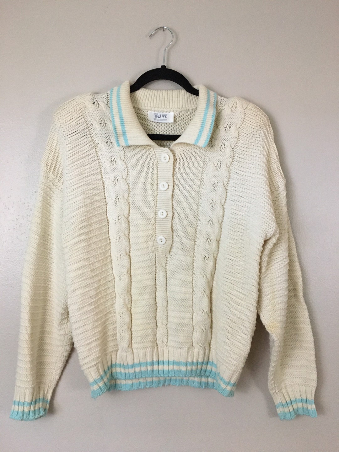 Vintage 1980s Pull Coton Pull Preppy Henley Sporty Oversized Ivoire ...