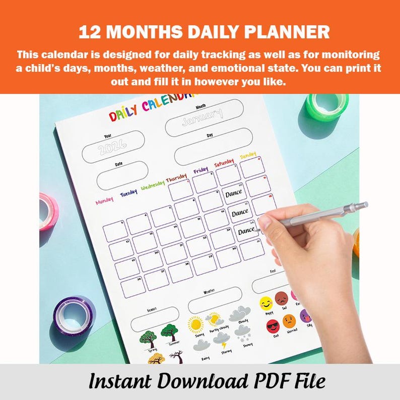 2026 Daily Calendar for Kids | Days, Year, Weather, Seasons, Feelings ...