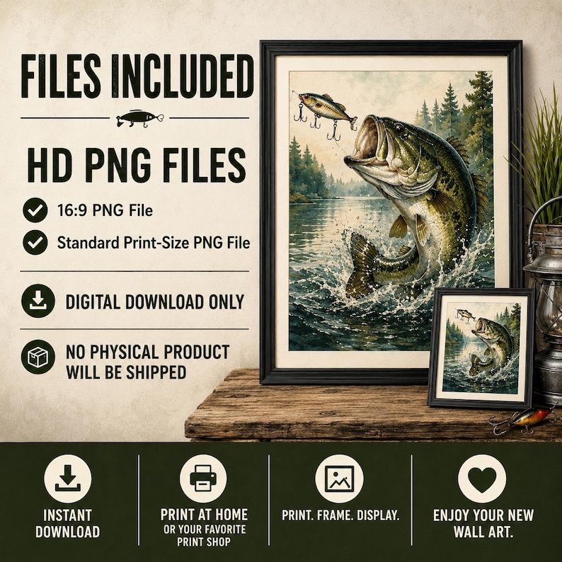 Largemouth Bass Wall Art Digital Download, Bass and Perch PNG Printable ...
