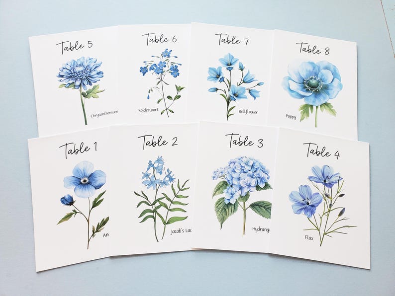 Blue Flower Table Numbers, Choose Your Flowers, Choice of Tented Cards ...