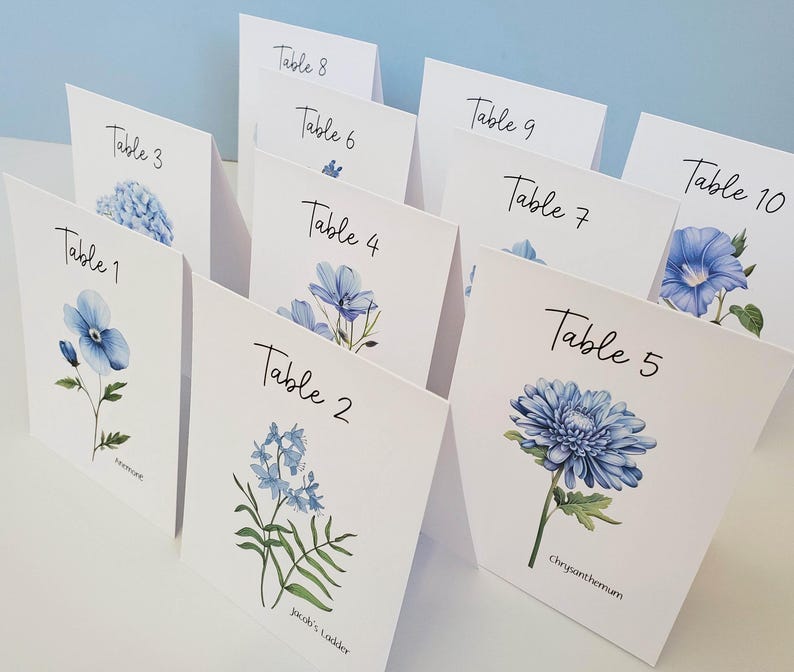 Blue Flower Table Numbers, Choose Your Flowers, Choice of Tented Cards ...
