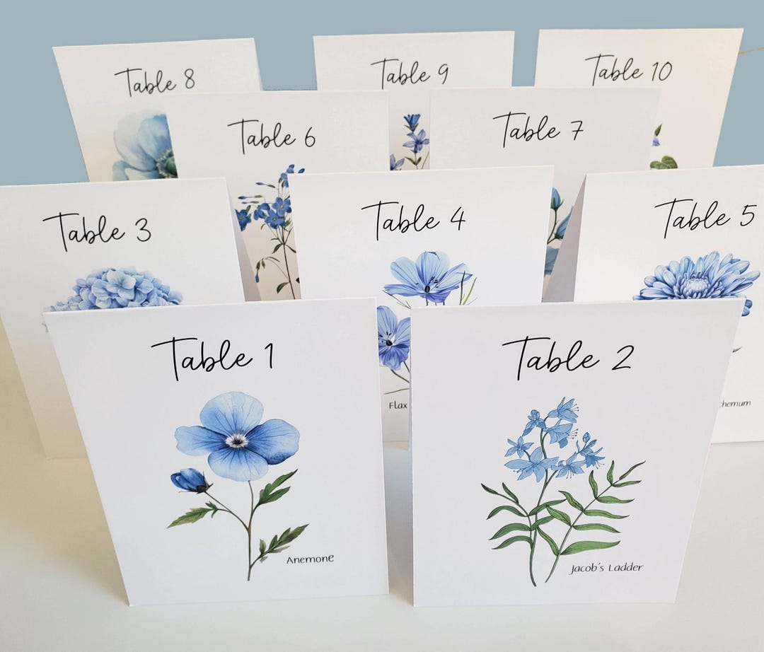 Blue Flower Table Numbers, Choose Your Flowers, Choice of Tented Cards ...