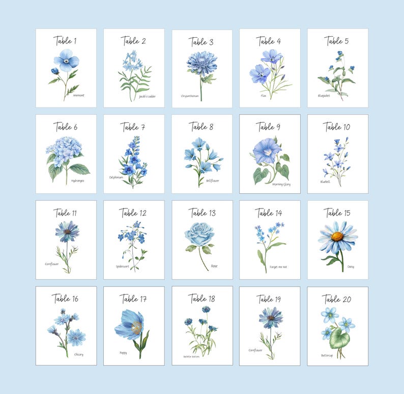 Blue Flower Table Numbers, Choose Your Flowers, Choice of Tented Cards ...