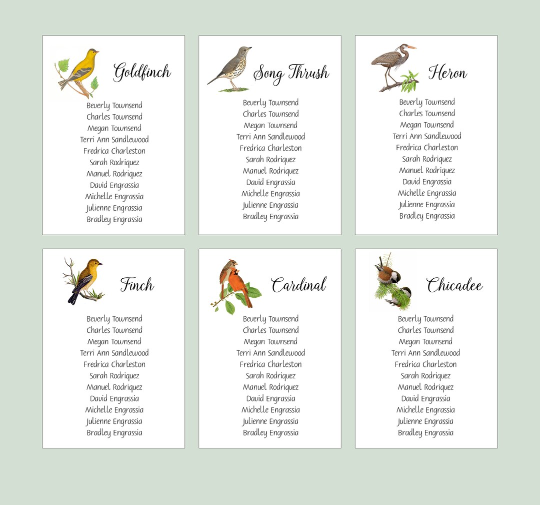 Bird Seating Cards, Table Seating Assignment Cards, Seating Information ...