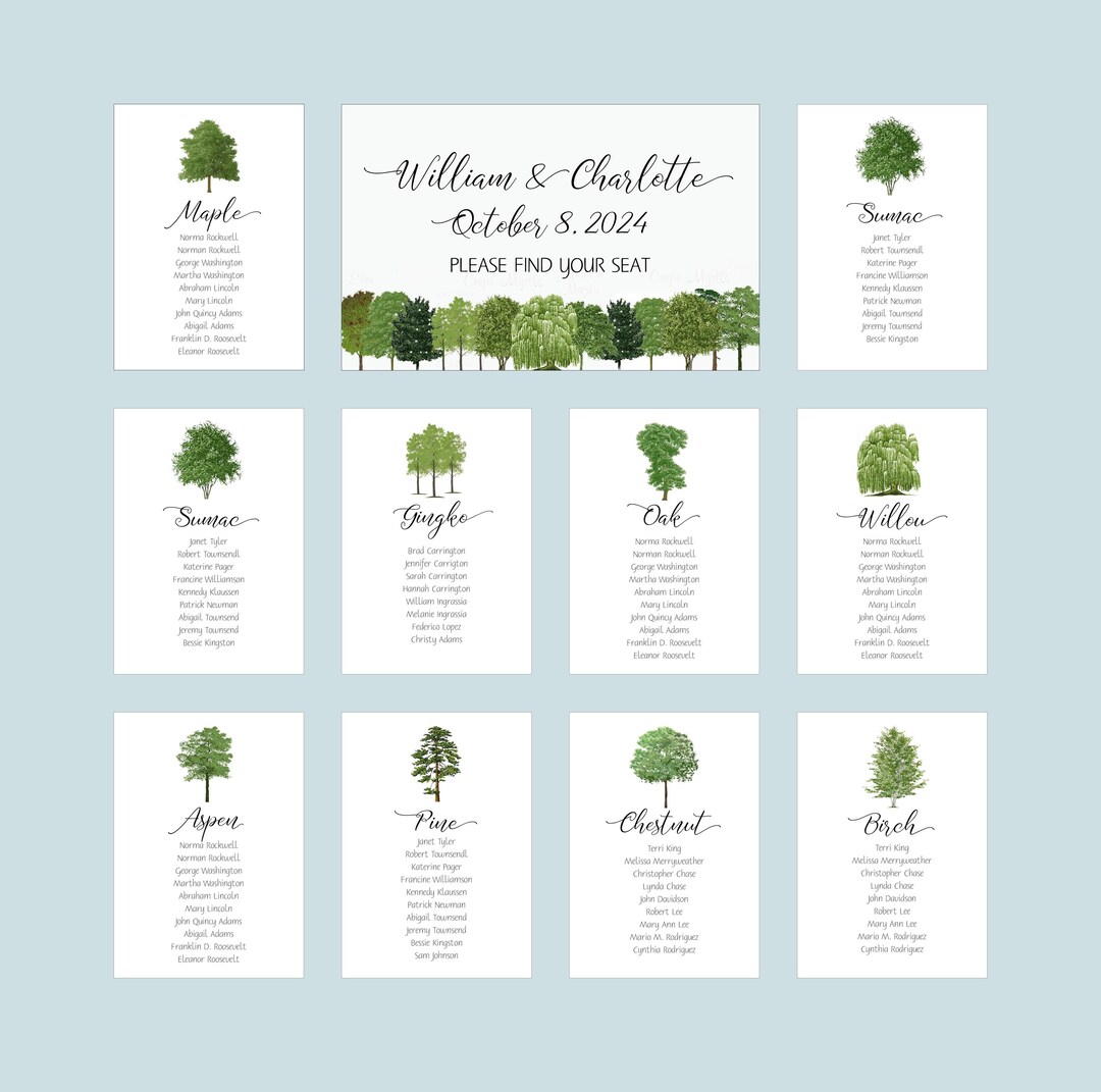 Green Tree Seating Cards, Table Assignment Charts, Seating Information ...