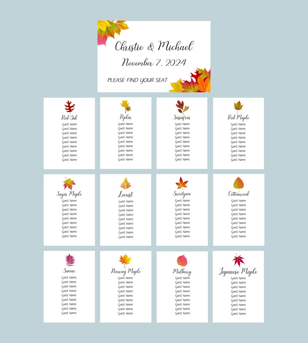 Autumn Leaf Seating Cards, Fall Leaf Seating Charts, Wedding Place Card ...