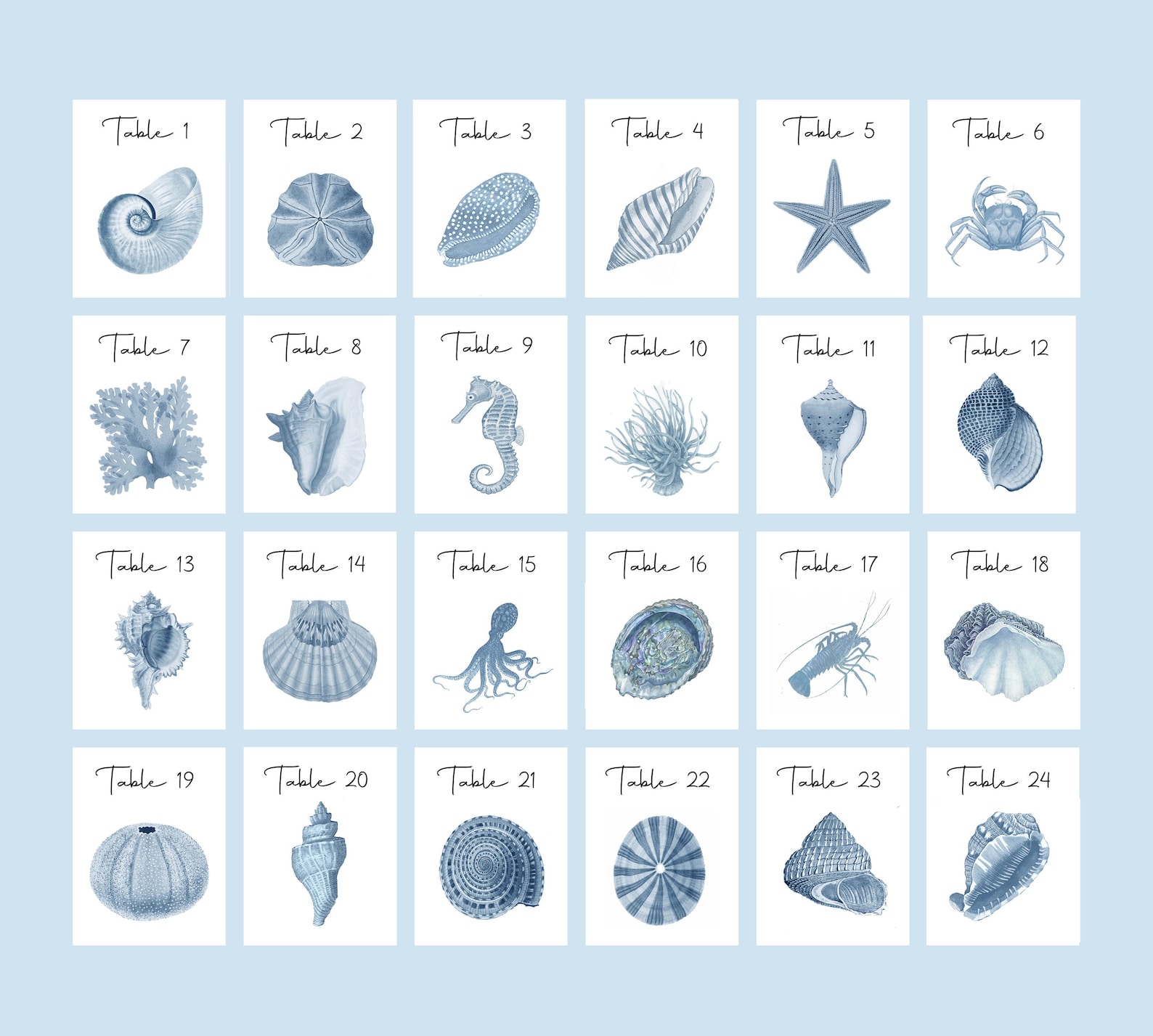 Blue or Aqua Shell Cards, Beach Wedding, Shell Table Numbers, Surf and ...
