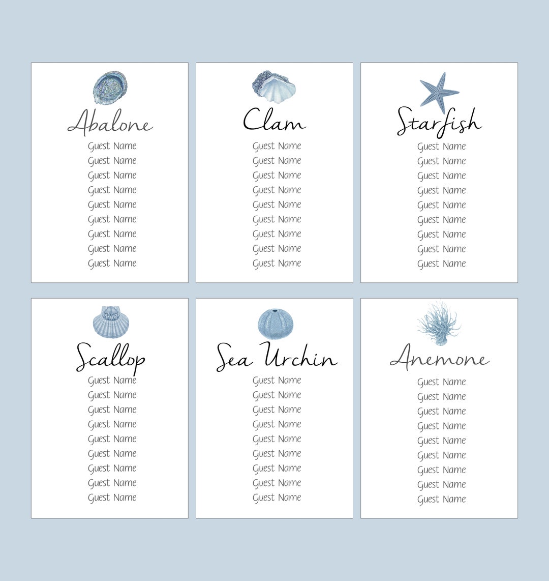 Shell Name Seating Cards, Table Seating Cards, Clam, Starfish, Anemone ...