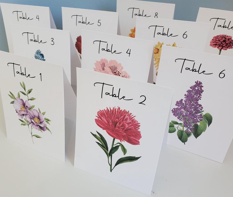 Flower Table NUMBER Cards, Wedding Table Cards, Botanical Table Cards ...