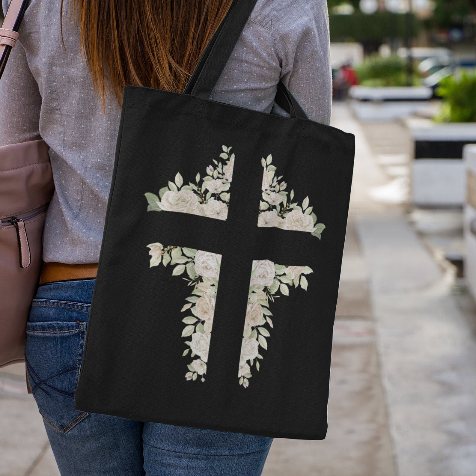 Christian Floral Cross Pretty Eco Tote Bag, Bible Study Bag, Roses and ...