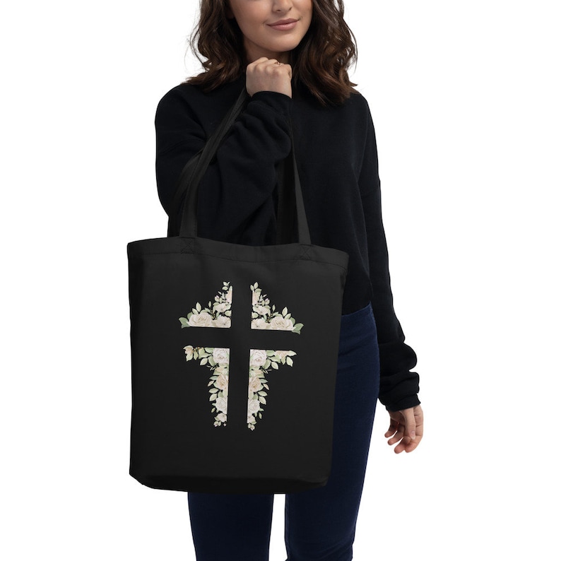 Christian Floral Cross Pretty Eco Tote Bag, Bible Study Bag, Roses and ...