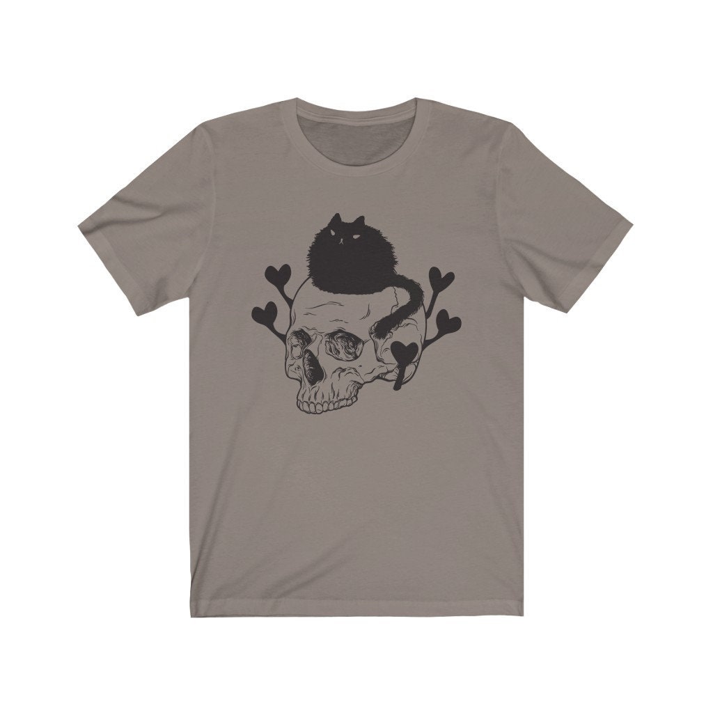 Poofy Black Cat on Skull Unisex Jersey Short Sleeve Tee, Funny Grumpy ...