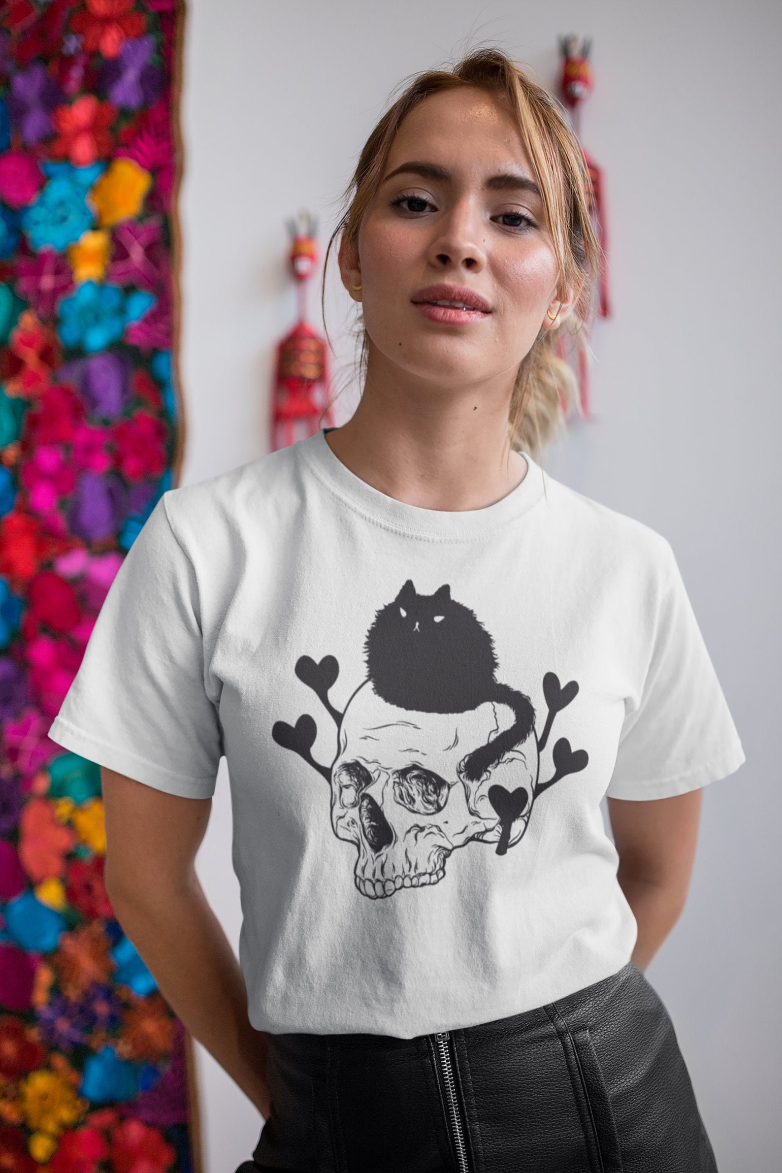 Poofy Black Cat on Skull Unisex Jersey Short Sleeve Tee, Funny Grumpy ...