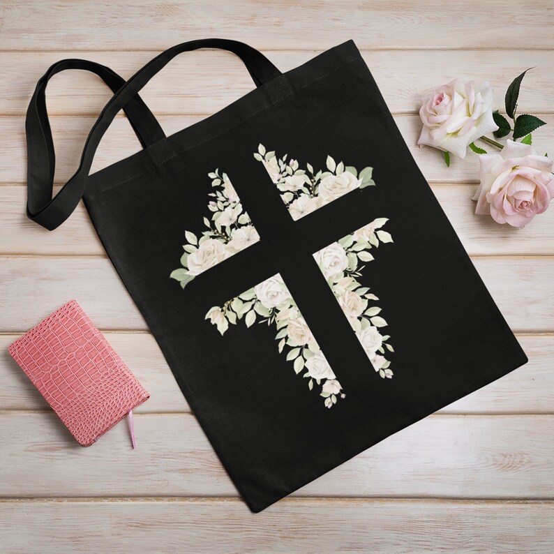 Christian Floral Cross Pretty Eco Tote Bag, Bible Study Bag, Roses and ...