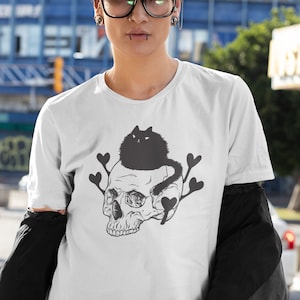 Poofy Black Cat on Skull Unisex Jersey Short Sleeve Tee, Funny Grumpy ...