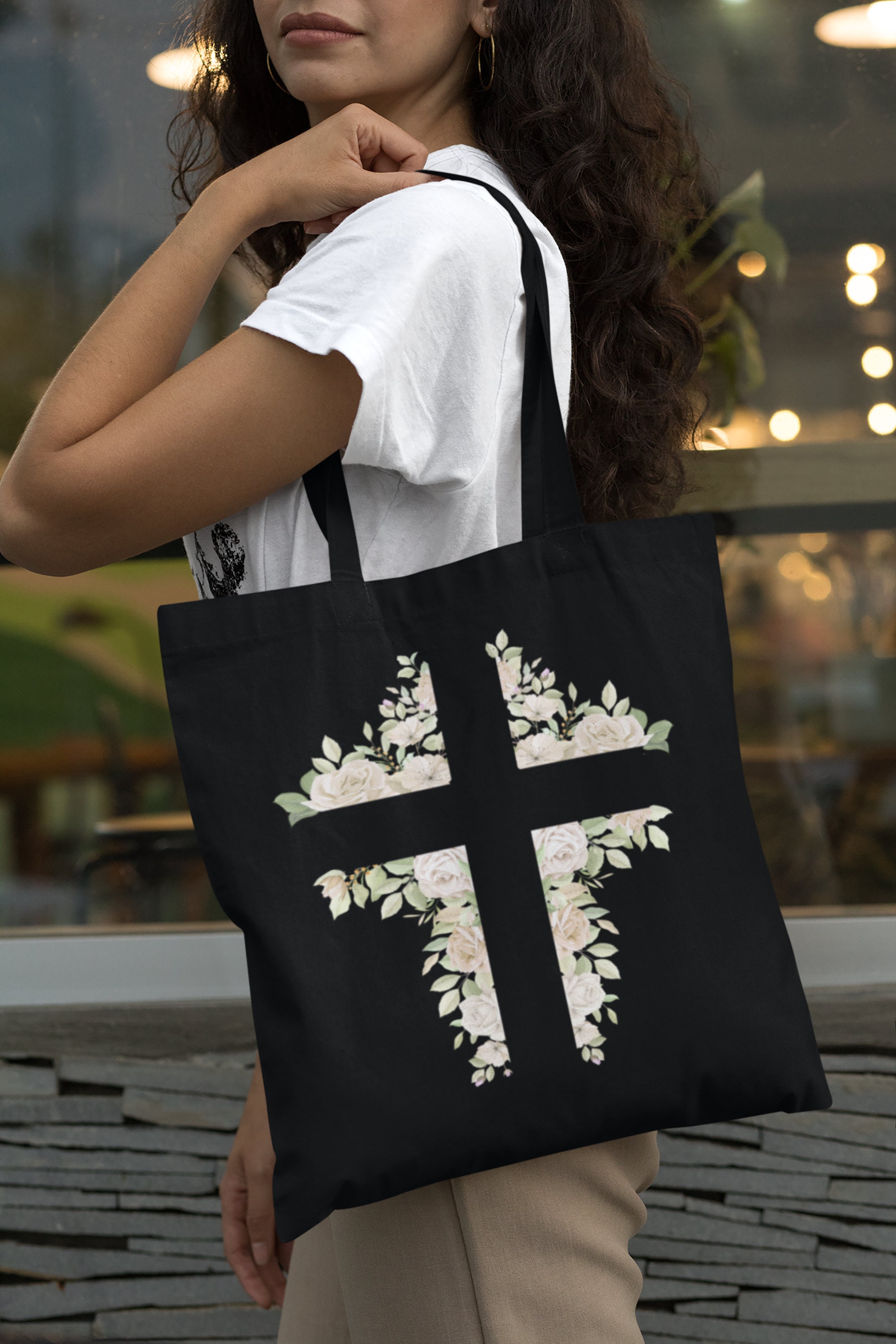 Christian Floral Cross Pretty Eco Tote Bag, Bible Study Bag, Roses and ...