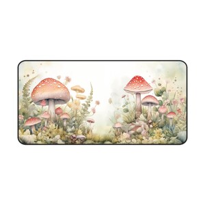 Red Toadstool Large Desk Mat - Watercolor Mushroom Cottagecore Mousepad, Enchanted Fungi With ...