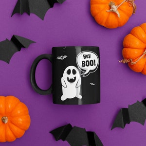 Hey BOO! Funny Halloween Mug, Ghost Coffee Cup, Silly Vampire Bat ...