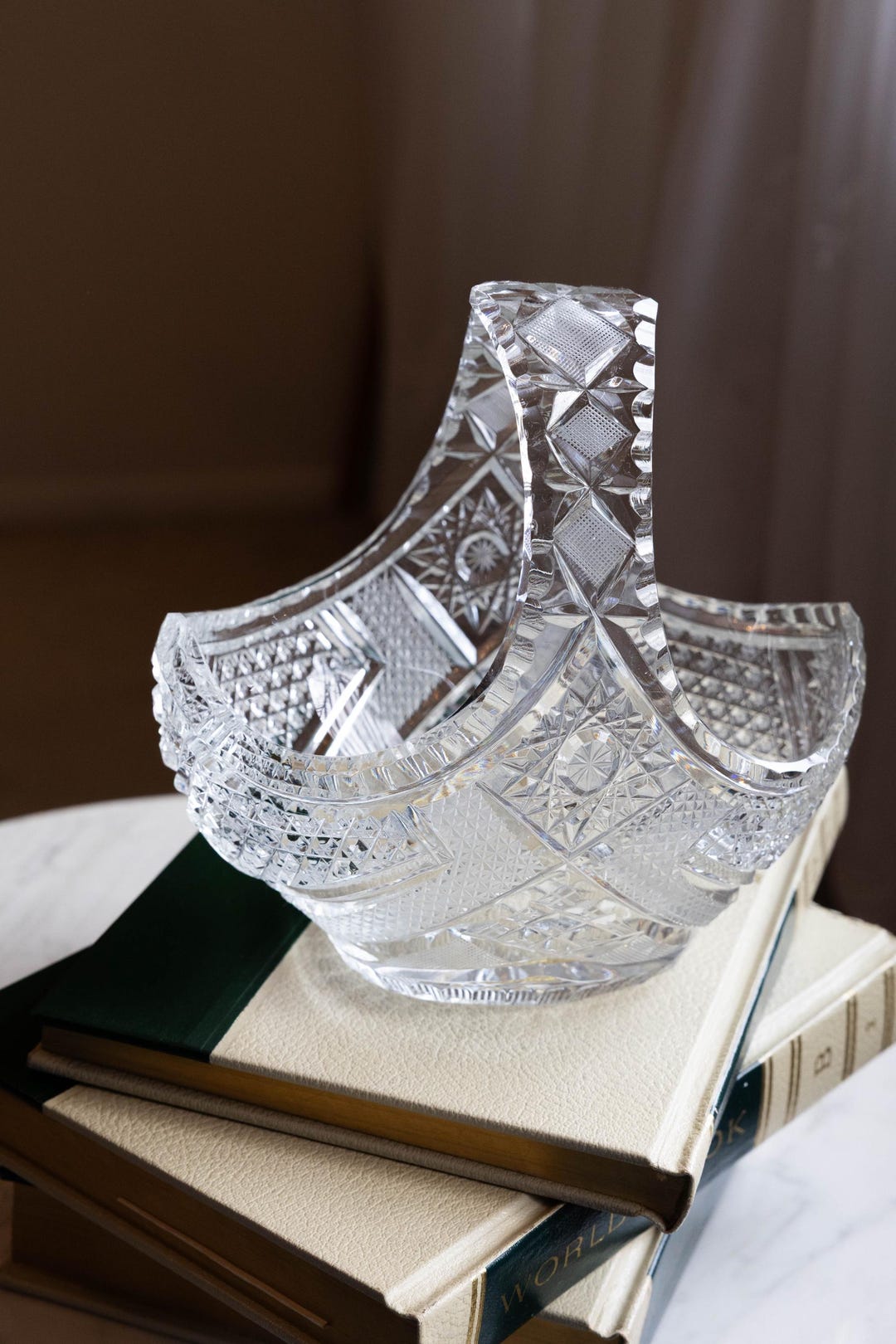 Antique American Brilliant Cut Glass Basket, Heavy Lead Crystal Hobstar ...