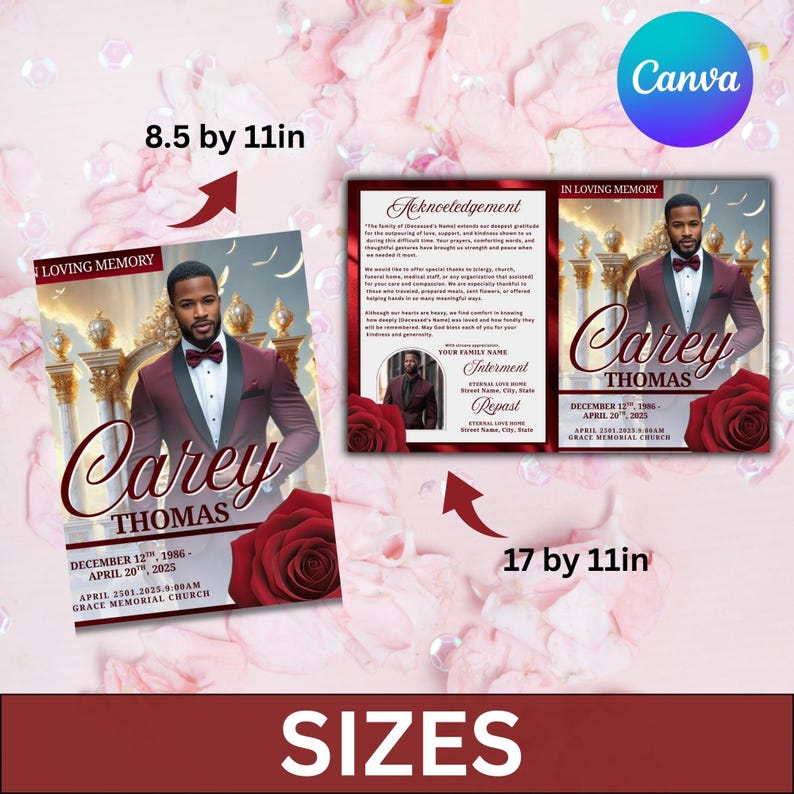 Maroon Roses Funeral Program Template, 8-page Obituary (canva Digital ...