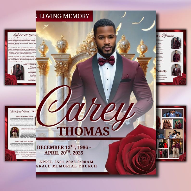 Maroon Roses Funeral Program Template, 8-page Obituary (canva Digital ...