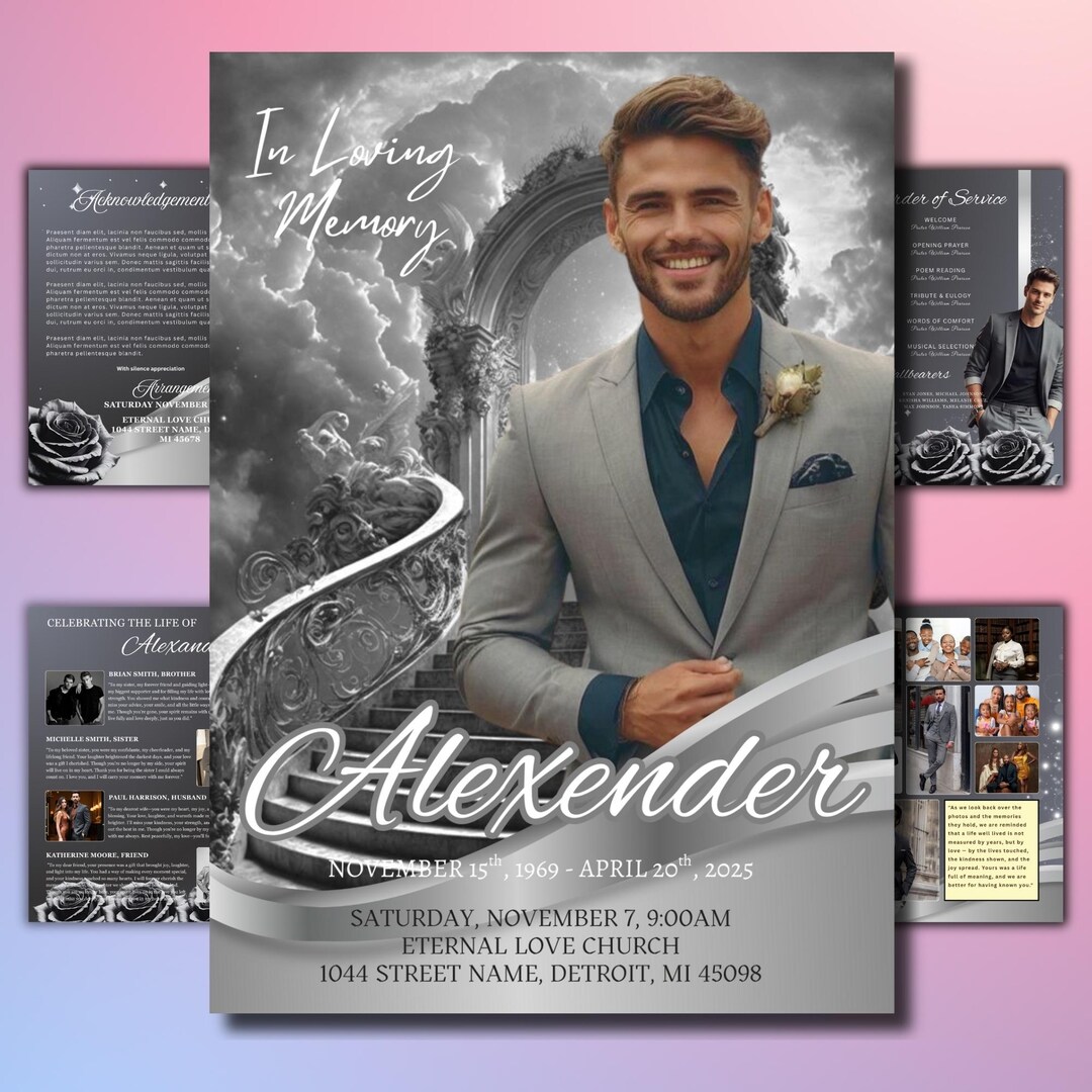 08 Page Minimalist Gray Silver Funeral Program Template, 17x11 Obituary ...