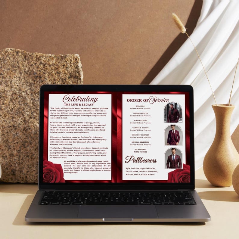 Maroon Roses Funeral Program Template, 8-page Obituary (canva Digital ...