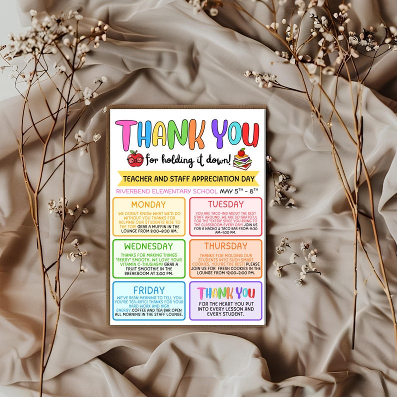 Teacher Appreciation Week Itinerary Flyer Template, Printable Teacher ...