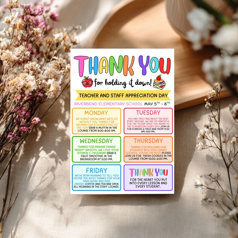 Teacher Appreciation Week Itinerary Flyer Template, Printable Teacher ...
