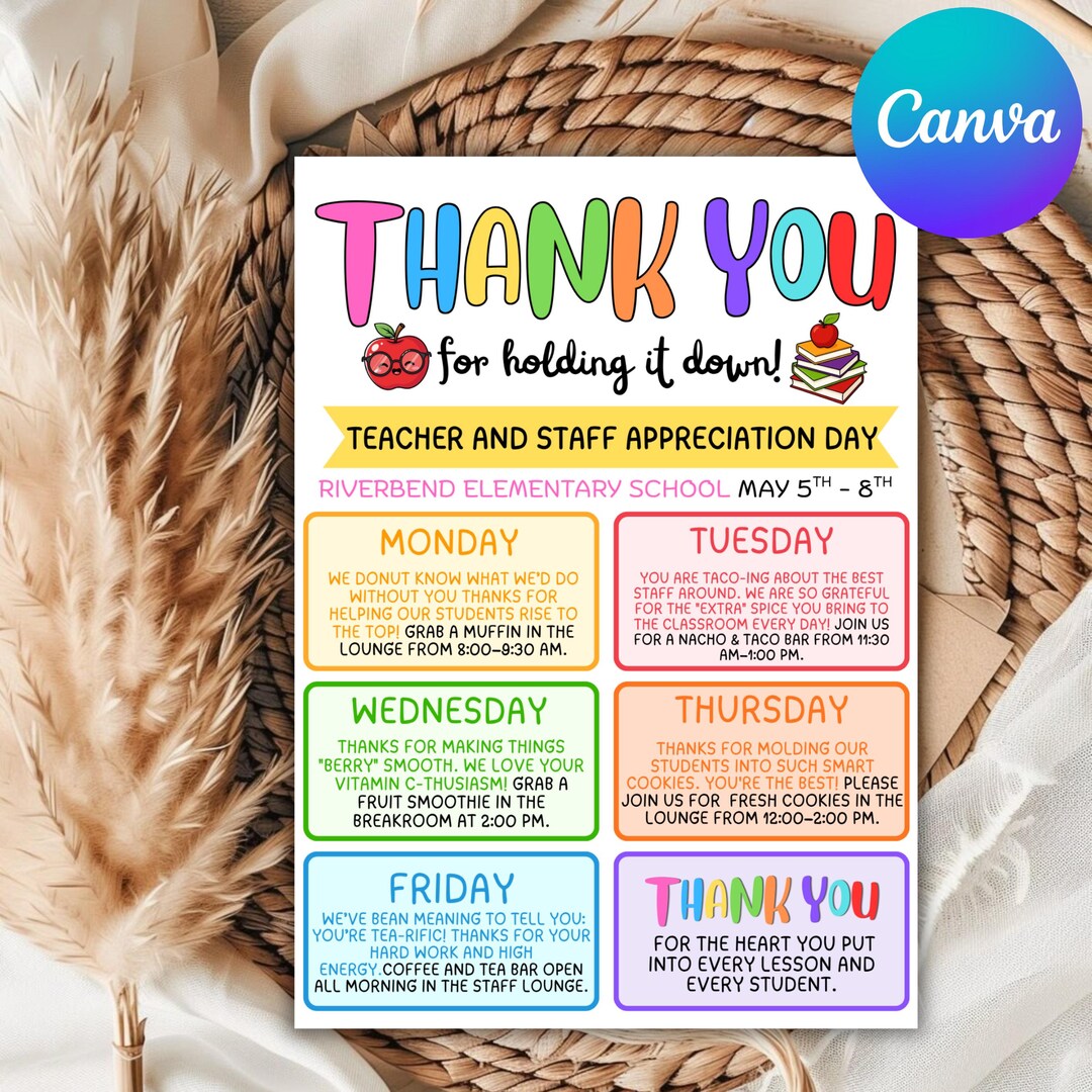 Teacher Appreciation Week Itinerary Flyer Template, Printable Teacher ...