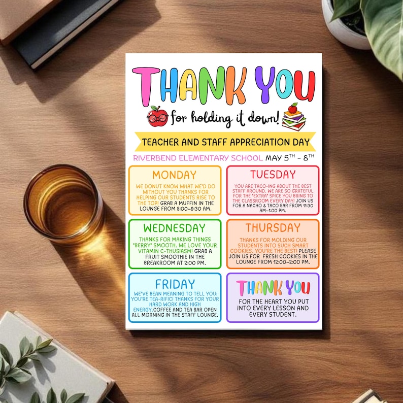 Teacher Appreciation Week Itinerary Flyer Template, Printable Teacher ...