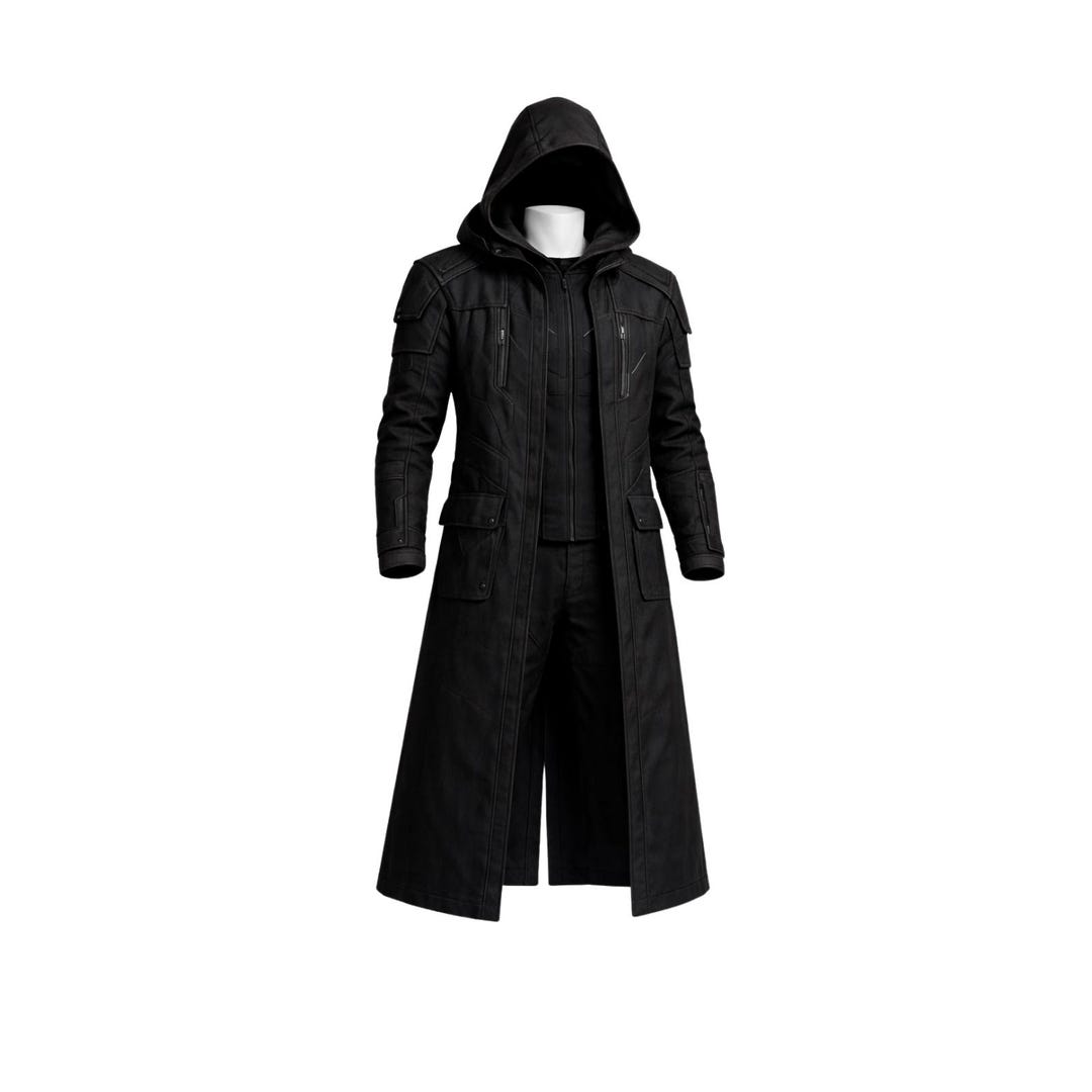 Men’s Black Hooded Tactical Long Coat – Modern Stealth Fabric Trench ...