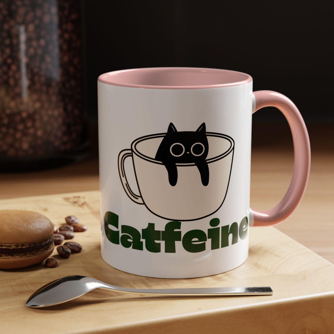 Catfeine Mug | Coffee Cup With Black Cat in Cup, Accent Handle - Etsy