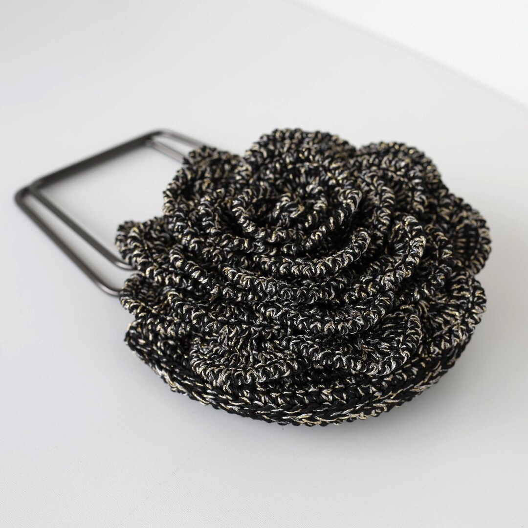Rose Shaped Crochet Evening Bag, Black and Gold Luxury Clutch, Handmade ...