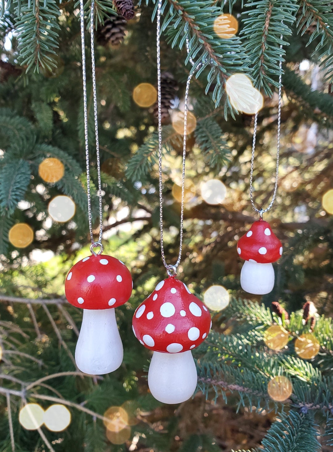 Christmas Tree Mushroom Ornaments, Set of 5 Wood Mushroom Ornaments ...