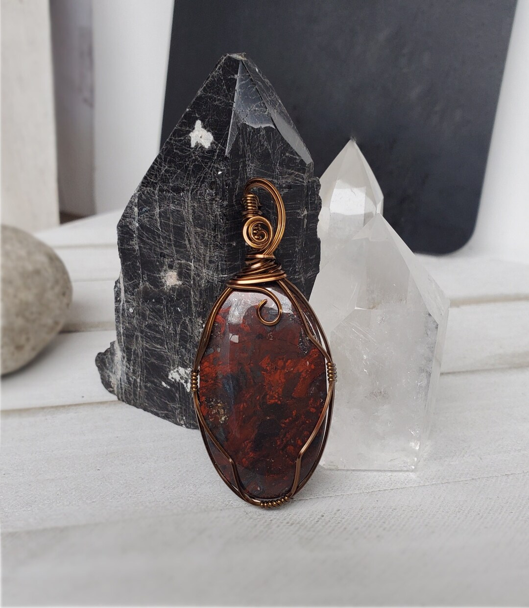 Red Jasper Stone Pendant, Unisex Wire Wrap Stone Pendant, Red Black ...