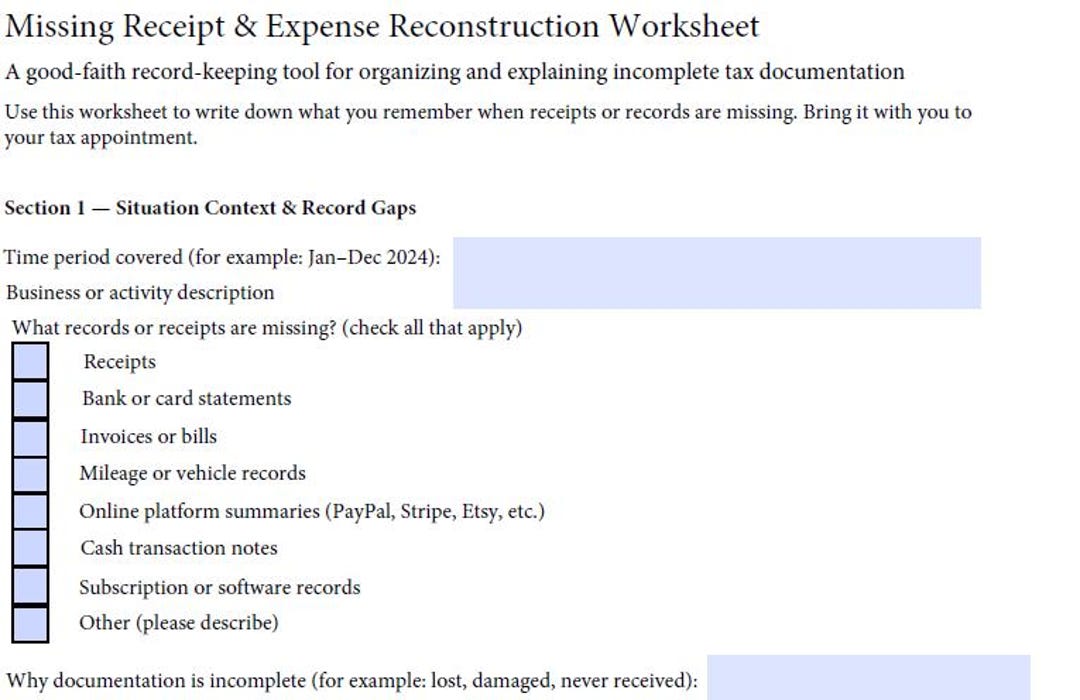Missing Receipt & Expense Reconstruction Worksheet | Good-faith Tax ...