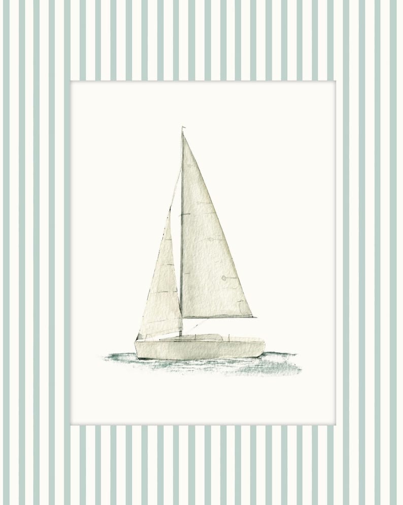 Watercolor Sailboat Prints, Striped Border, Seafoam Coastal Art, Beach ...
