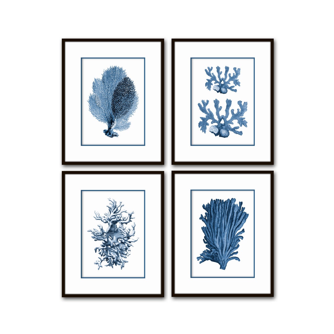 Vintage Blue Sea Coral Collage Print Set, Blue Coral Art, Print, Beach ...
